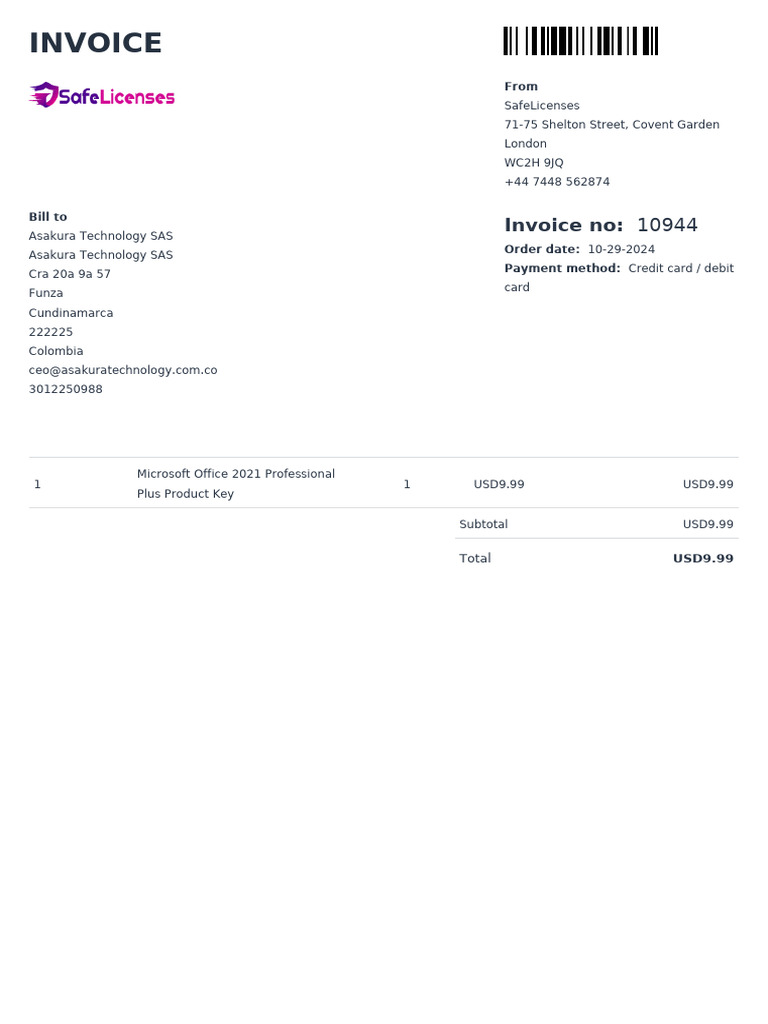 Invoice for Microsoft Office License | PDF