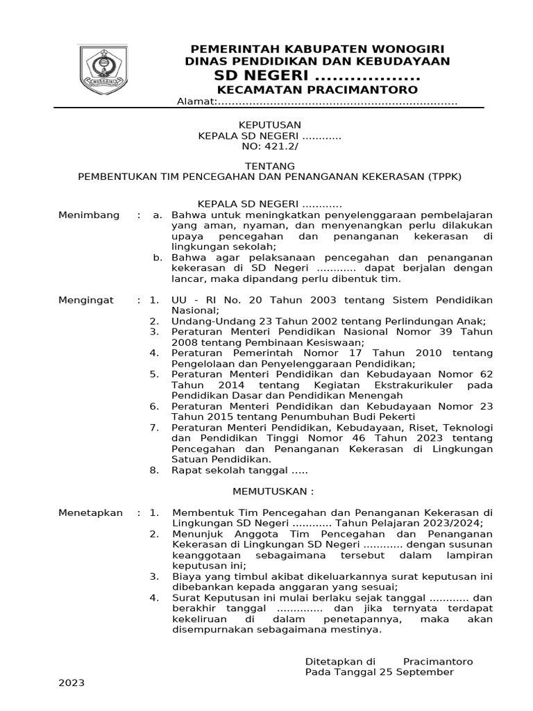 SK Tim Pencegahan Dan Penanganan Kekerasan2 | PDF