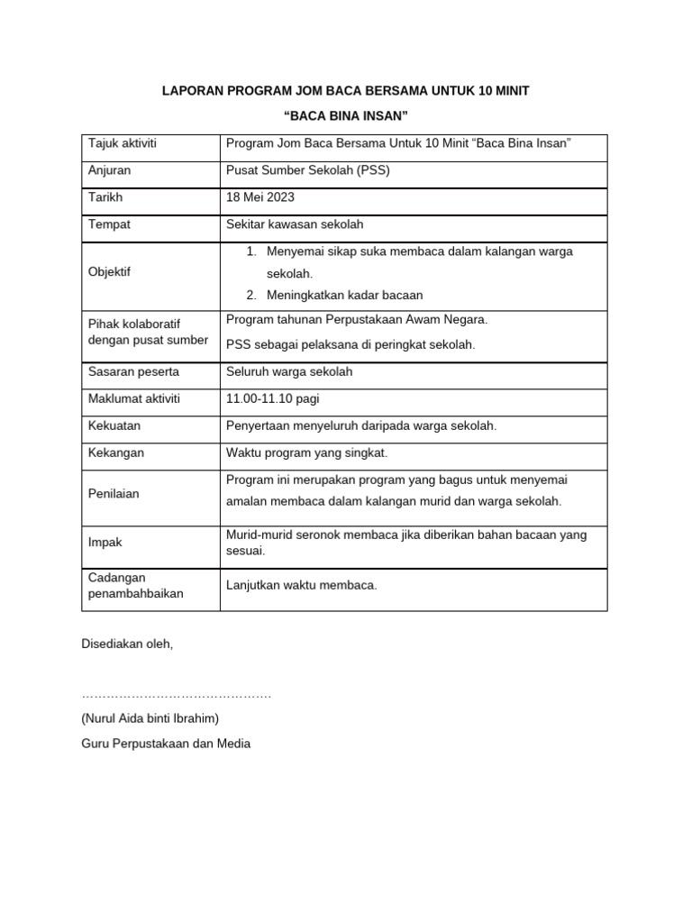 Laporan Program Jom Baca Bersama Untuk 10 Minit | PDF