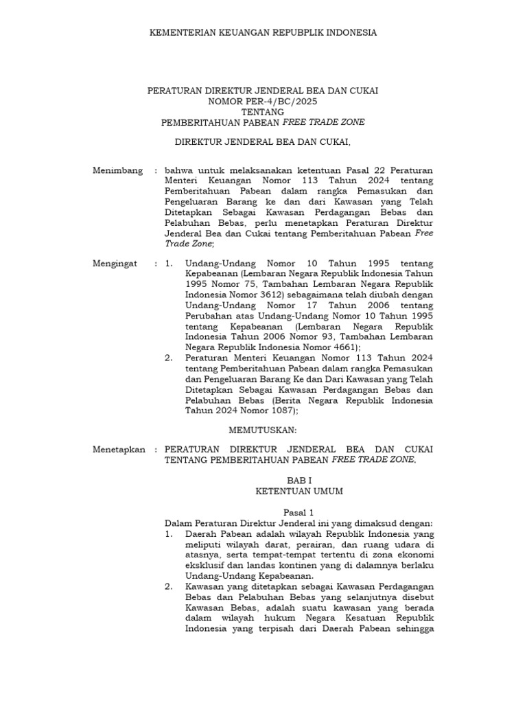 PER 4 BC 2025 PEMBERITAHUAN PABEAN FREE TRADE ZONE | PDF