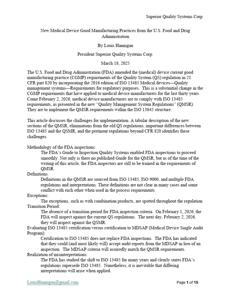 The FDA's New Quality Management System Regulations | PDF | Quality ...
