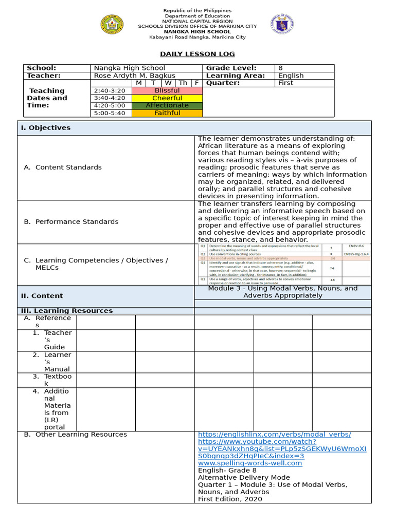 Q1M3 - Using Modal Verbs J Nouns J and Adverbs Appropriately | PDF | Reading Comprehension ...