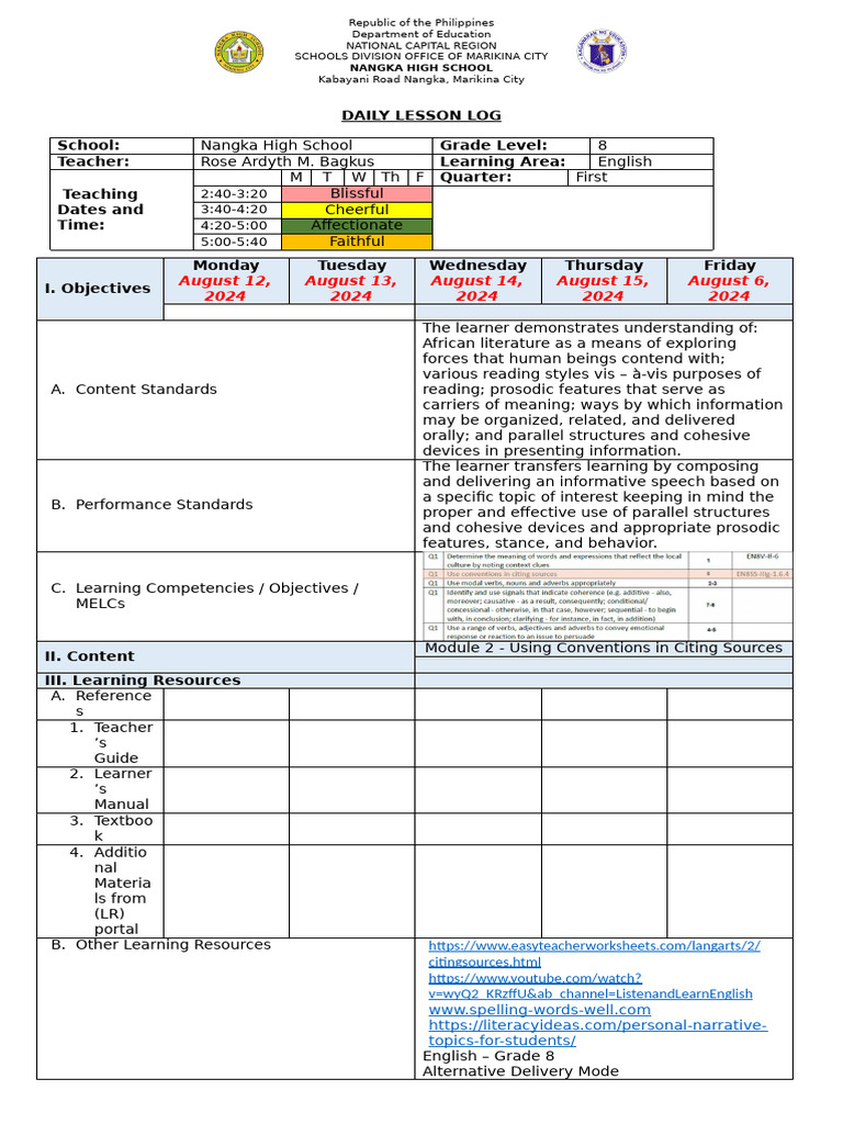 Grade 8 English Daily Lesson Log | PDF | Reading Comprehension | Cognition