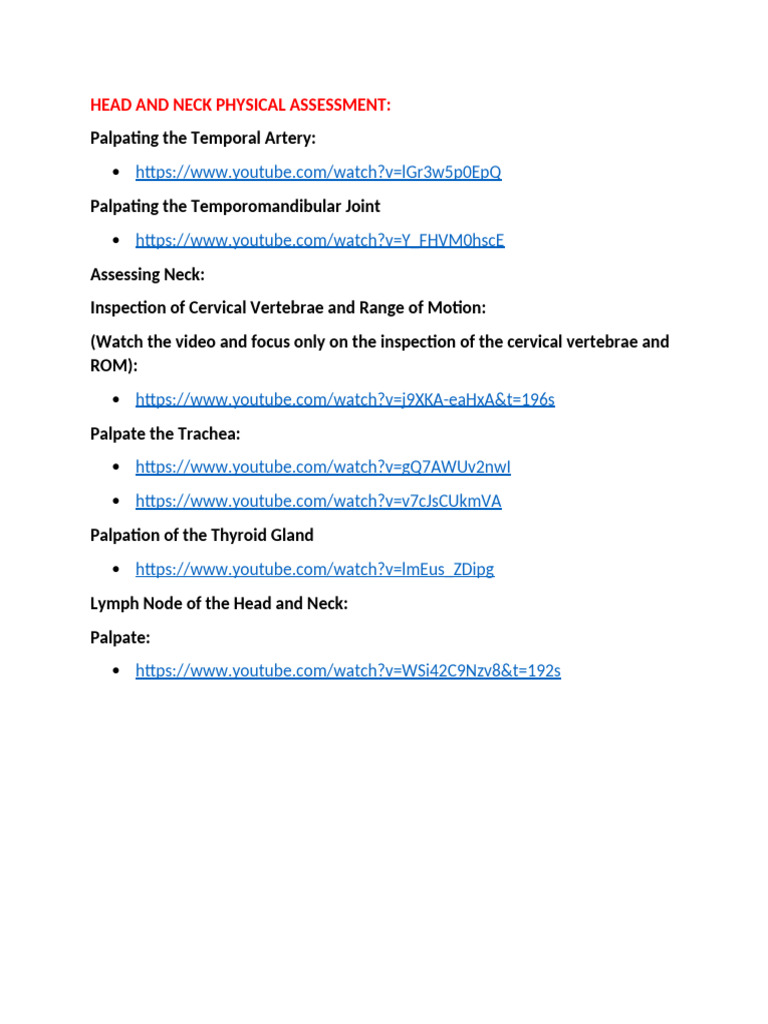 Head and Neck Physical Assessment Supplementary Videos | PDF