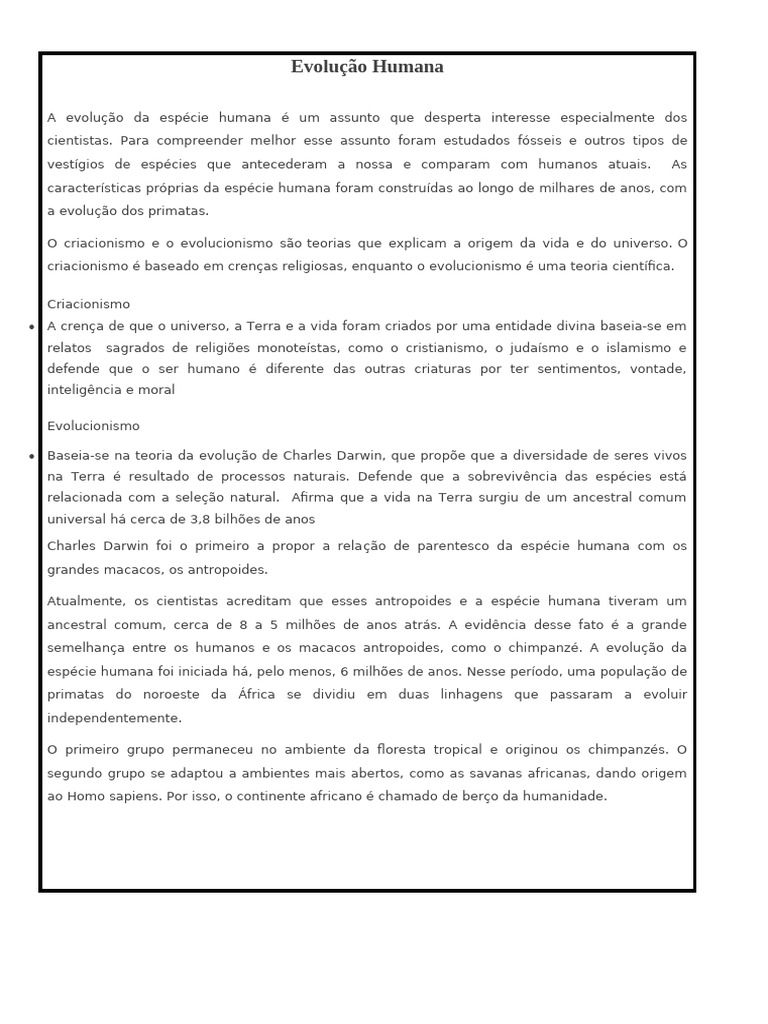Evolução da Espécie Humana | PDF | Humano | Evolução