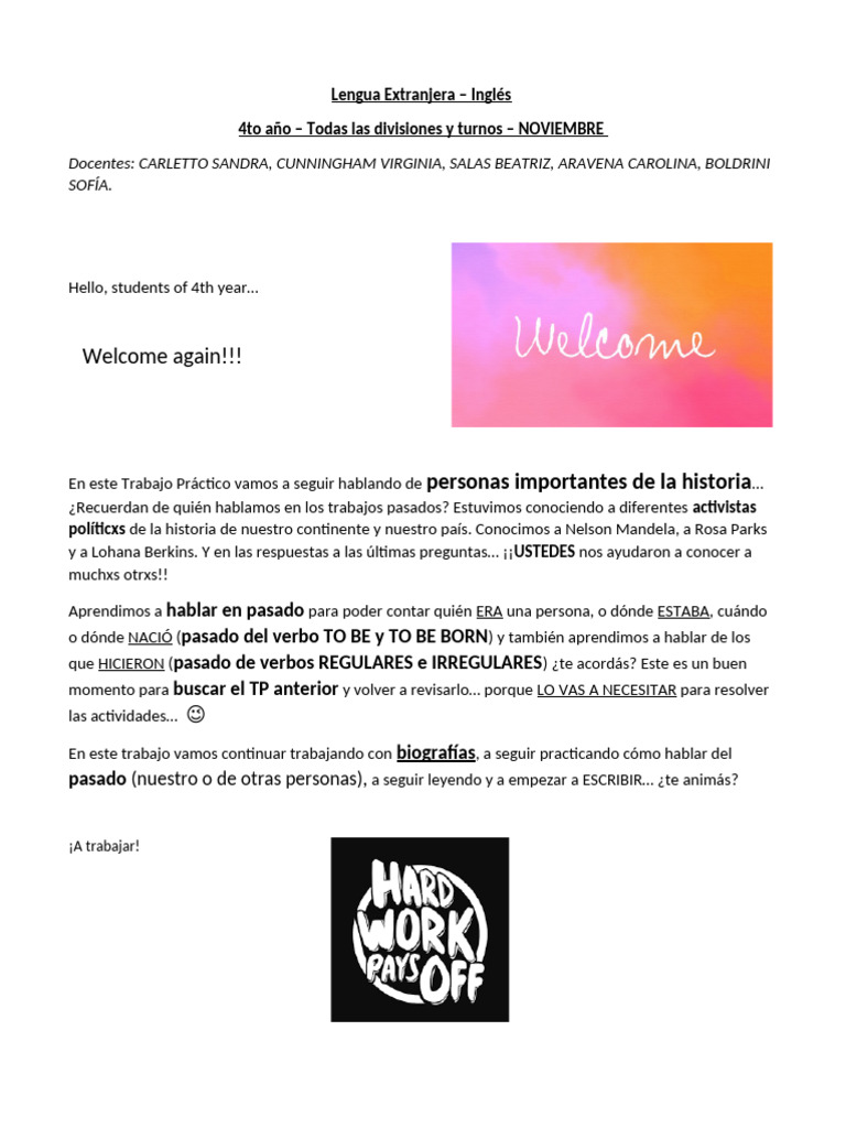 Leng Ext Inglés - 4to Año Todos Los Turnos y Divisiones - NOVIEMBRE | PDF