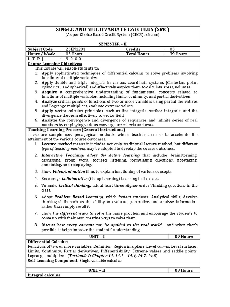Syllabus - SINGLE AND MULTIVARIATE CALCULUS | PDF | Integral | Derivative