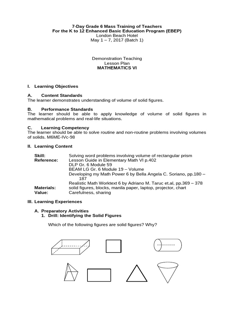 Daily Lesson Plan in Math VI | PDF | Volume | Learning