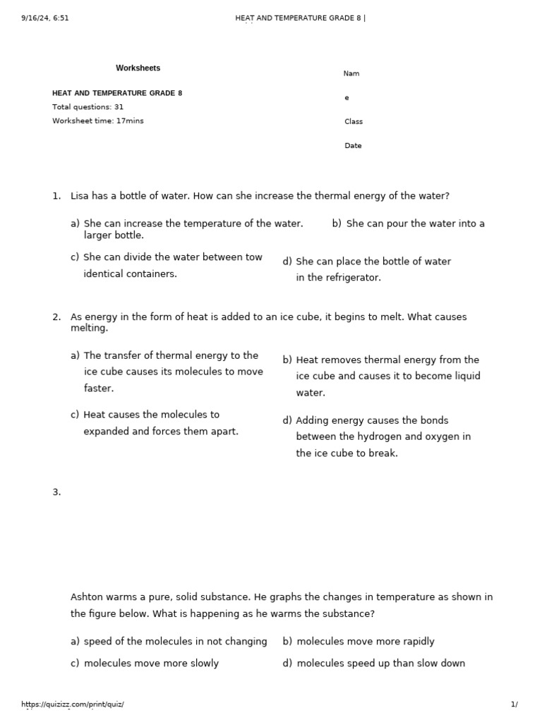 HEAT AND TEMPERATURE GRADE 8 - Quizizz | PDF | Phase (Matter) | Temperature