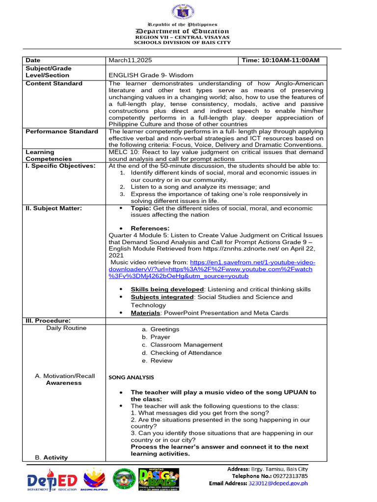 ENGLISH 9 LESSON PLAN-Quarter 4-Week 5 | PDF | Learning | English Language