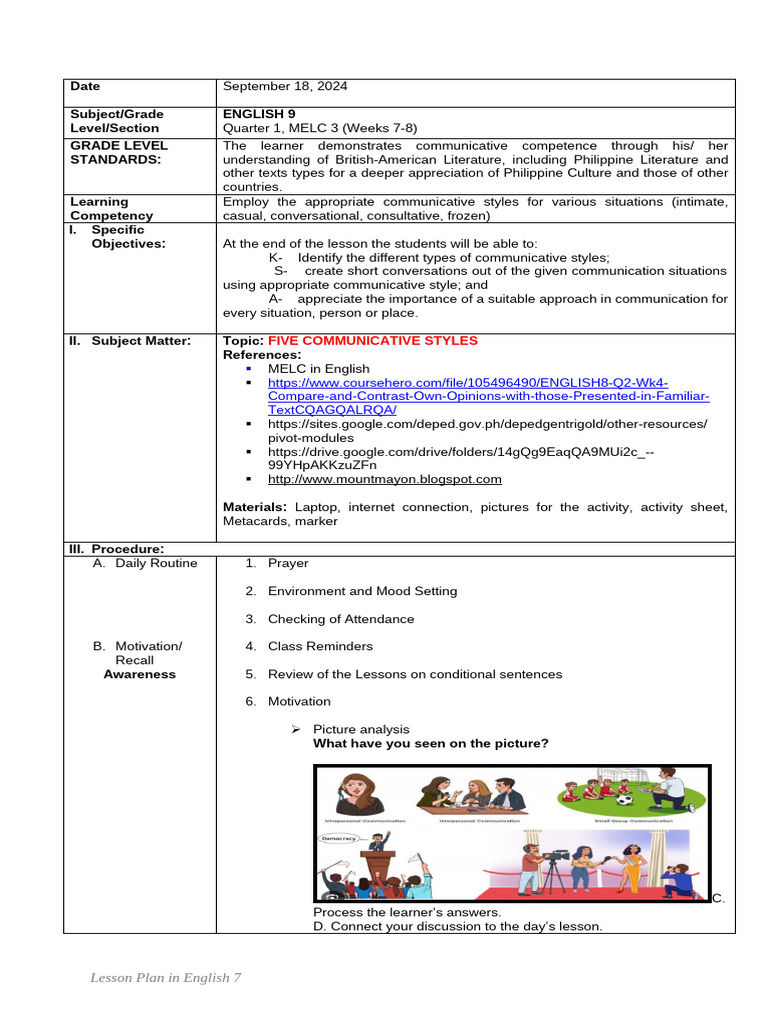 LP for COT1_Q1_ENGLISH 9-Communicative Styles - Copy | PDF | Learning | English Language