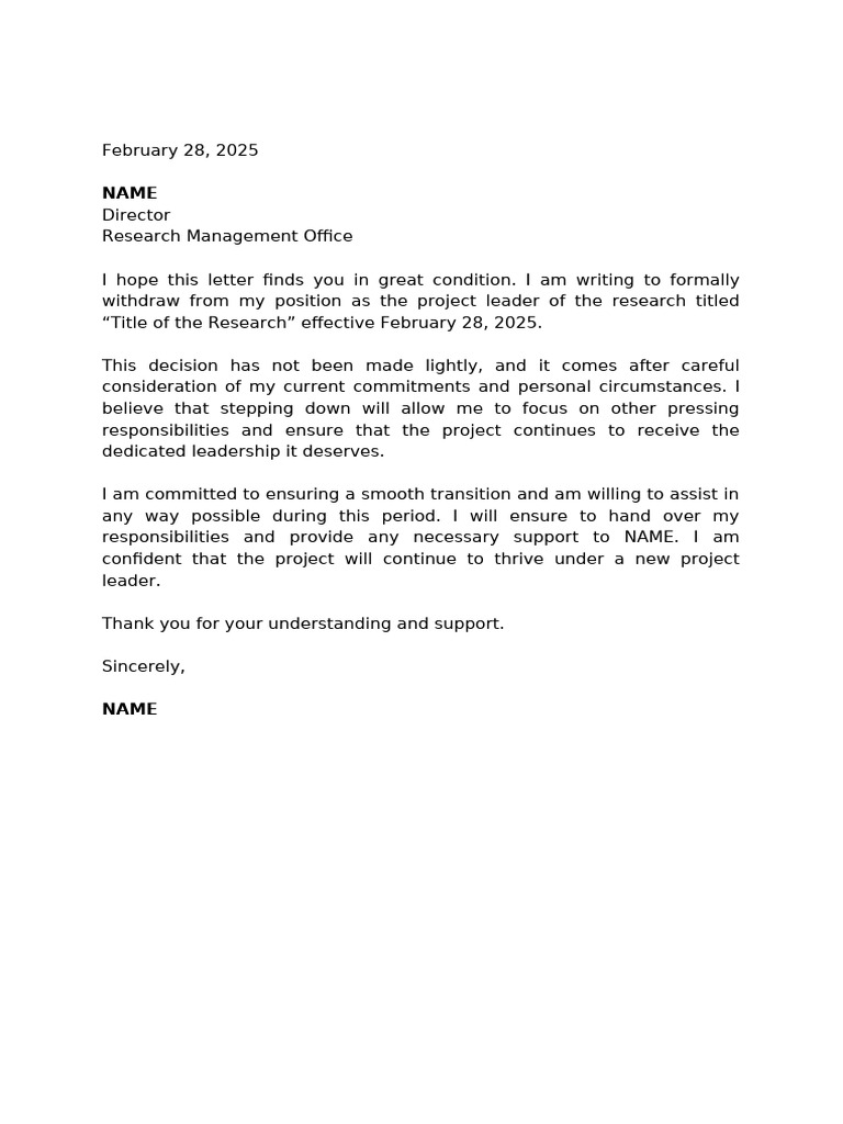 Project Leader Withdrawal Notice | PDF