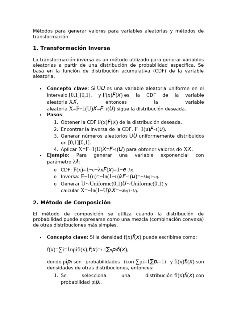 Métodos para Generar Valores para Variables Aleatorias y Métodos de Transformación | PDF ...