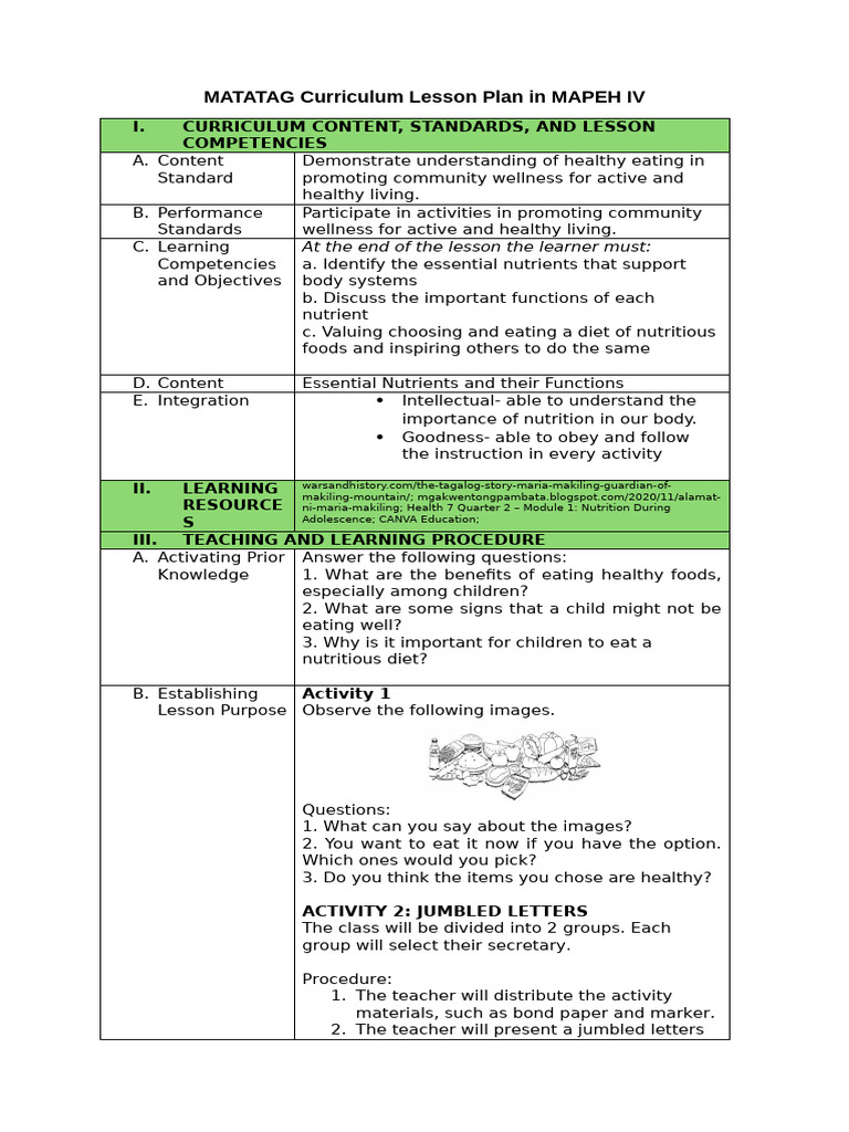 MATATAG-Curriculum-Lesson-PlaN IN MAPEH 4 | PDF | Foods | Nutrients