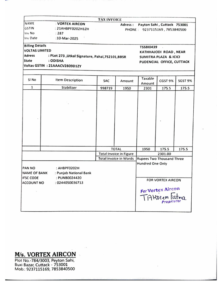 Bill No. 287 Stabilizer Invoice | PDF