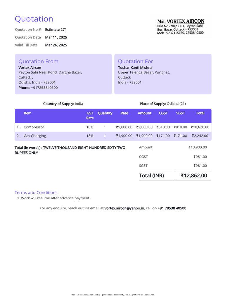 Quotation Estimate 271 Vortex Aircon Tushar Kanti Mishra | PDF