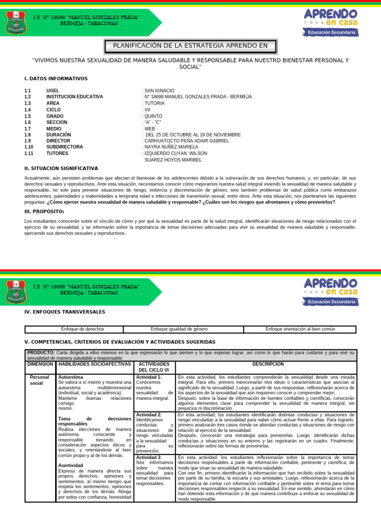 1. PLANIFICADOR EXPE. 8 TUTORIA. | PDF | La sexualidad humana | Psicología Social