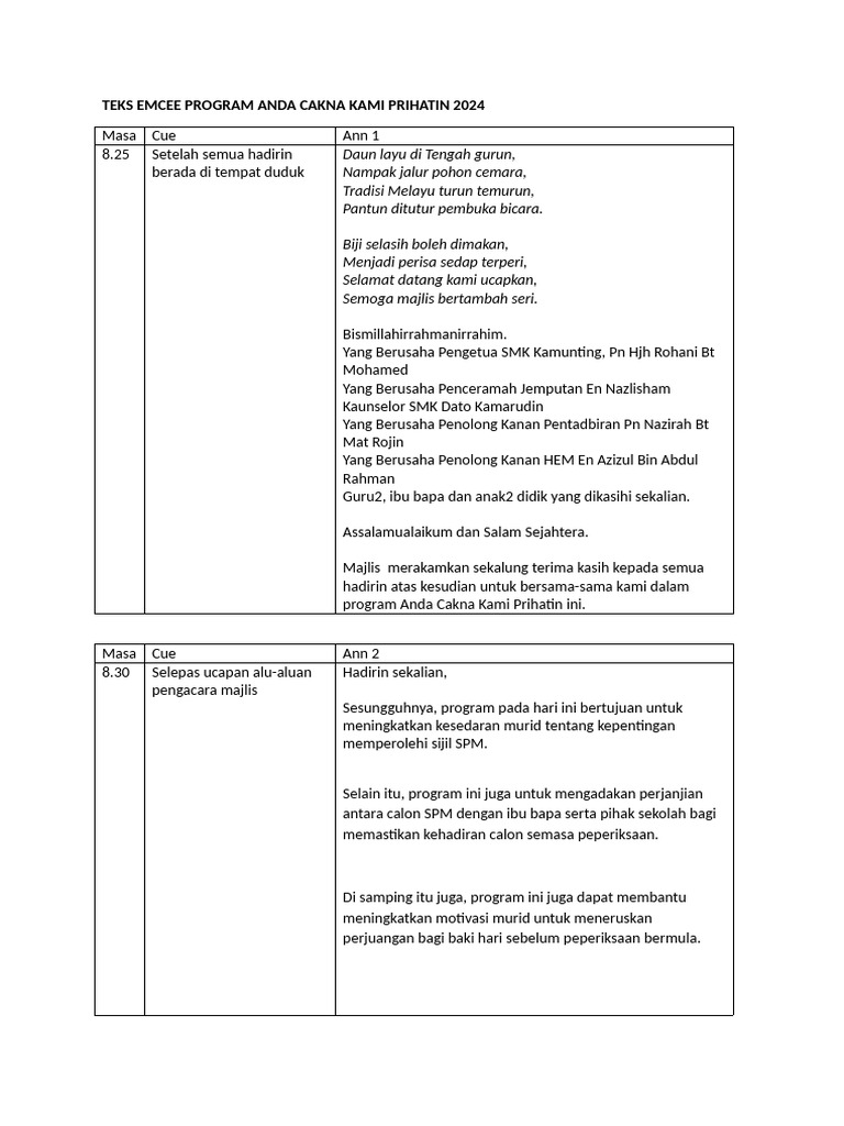 Teks Emcee Program Anda Cakna Kami Prihatin 2024 | PDF