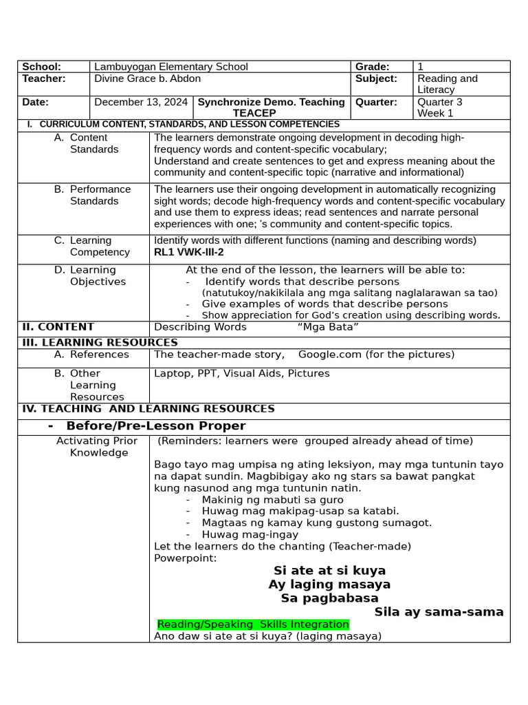 Lesson Plan Abdon Lambuyogan ES2 | PDF