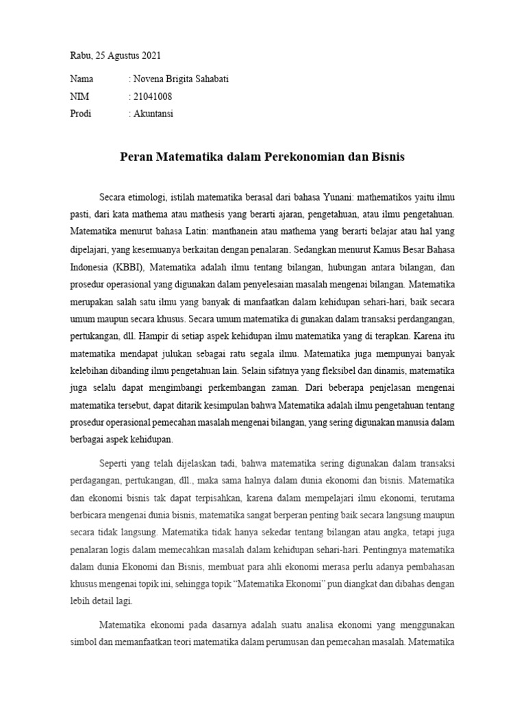 Novena Sahabati (21041008) - Peran Matematika Dalam Perekonomian Dan ...
