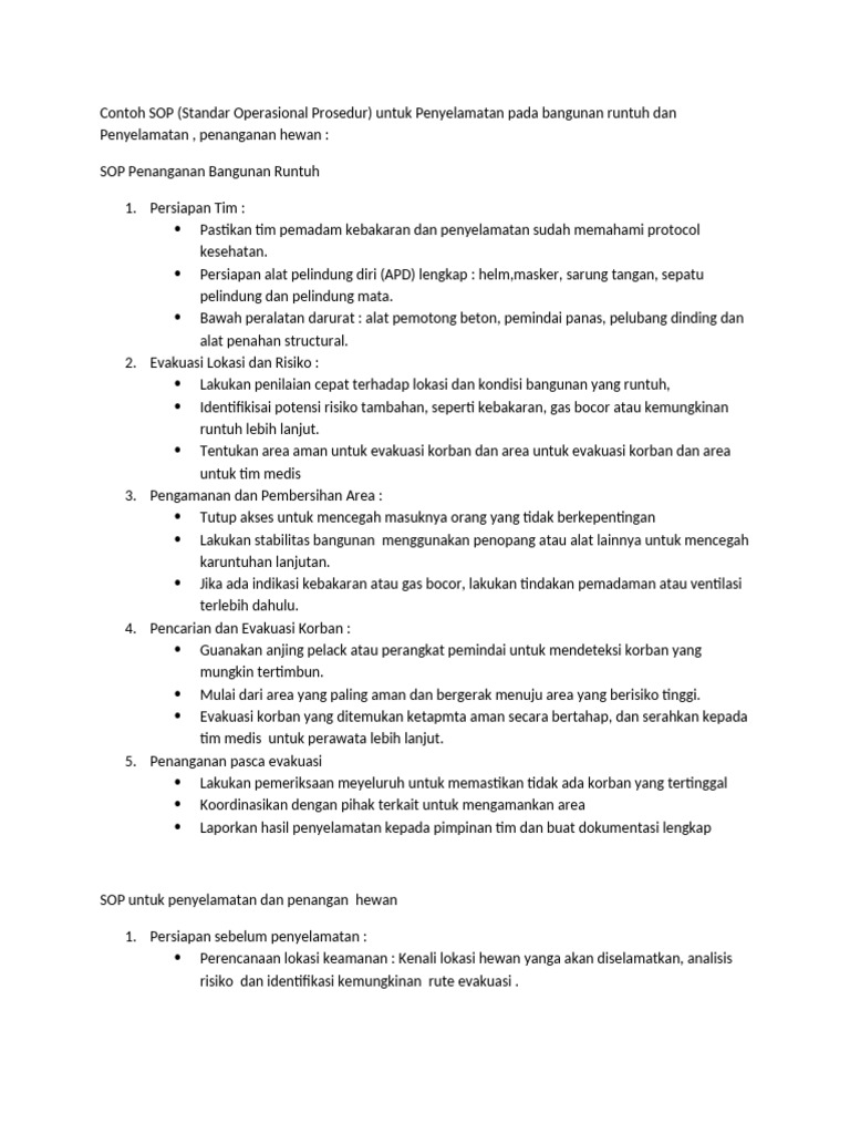 SOP Teknis Penyelamatan, Penanganan Hewan Dan Teknis Penyelamatan Pada Bangunan Runtuh | PDF