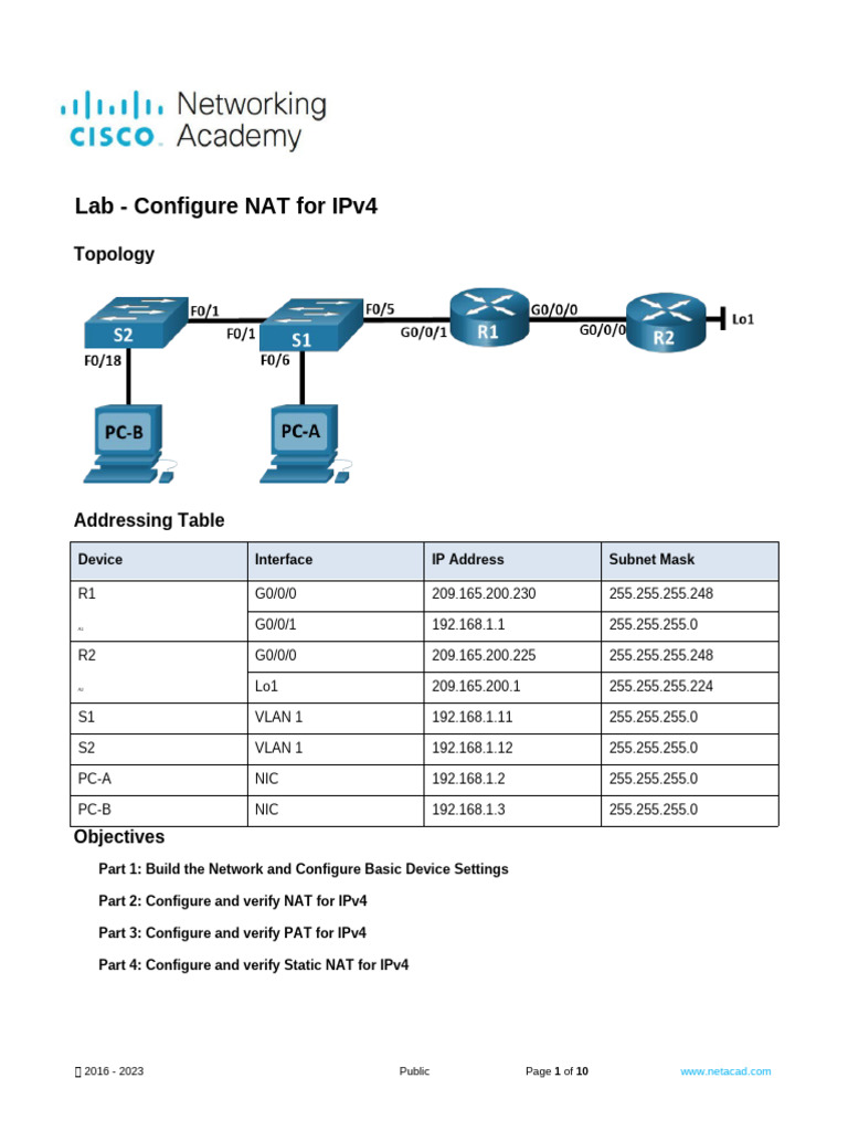 Configure IPv4 NAT Lab Guide | PDF | Ip Address | Internet