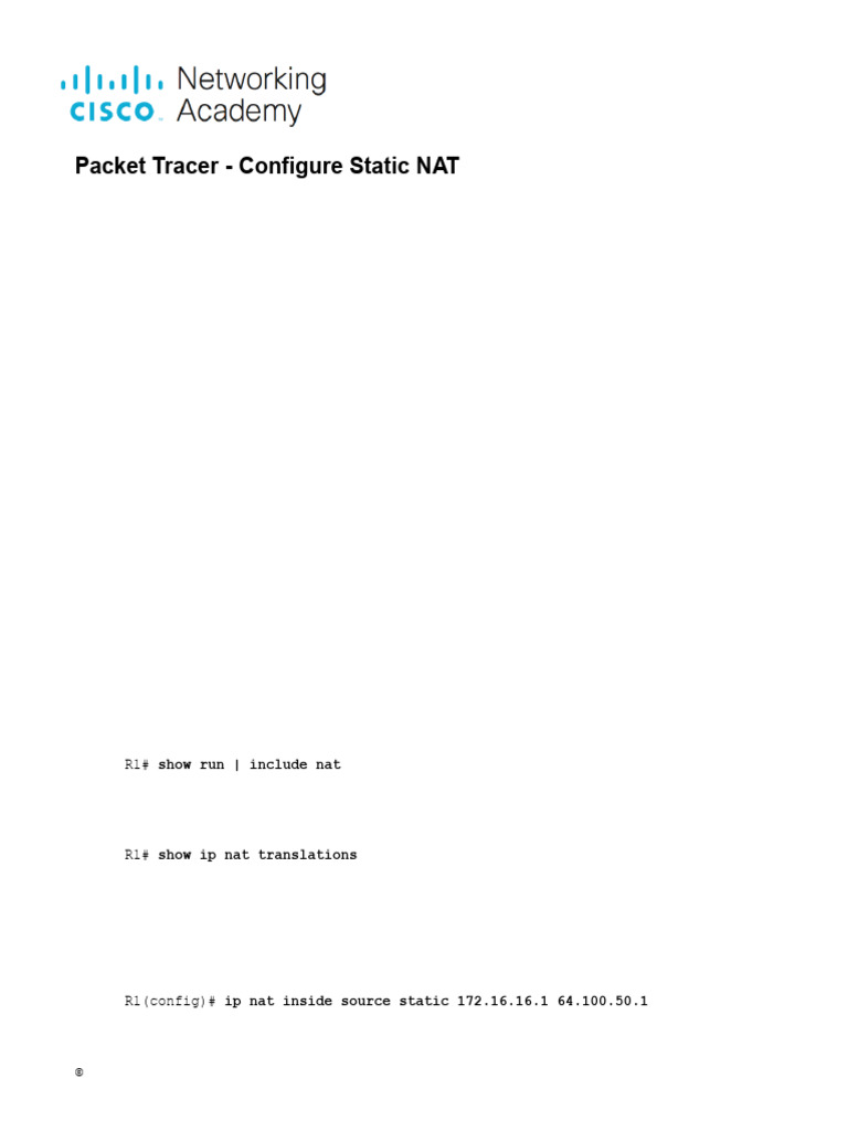 6.4.5 Packet Tracer - Configure Static NAT | PDF | Ip Address | Communications Protocols