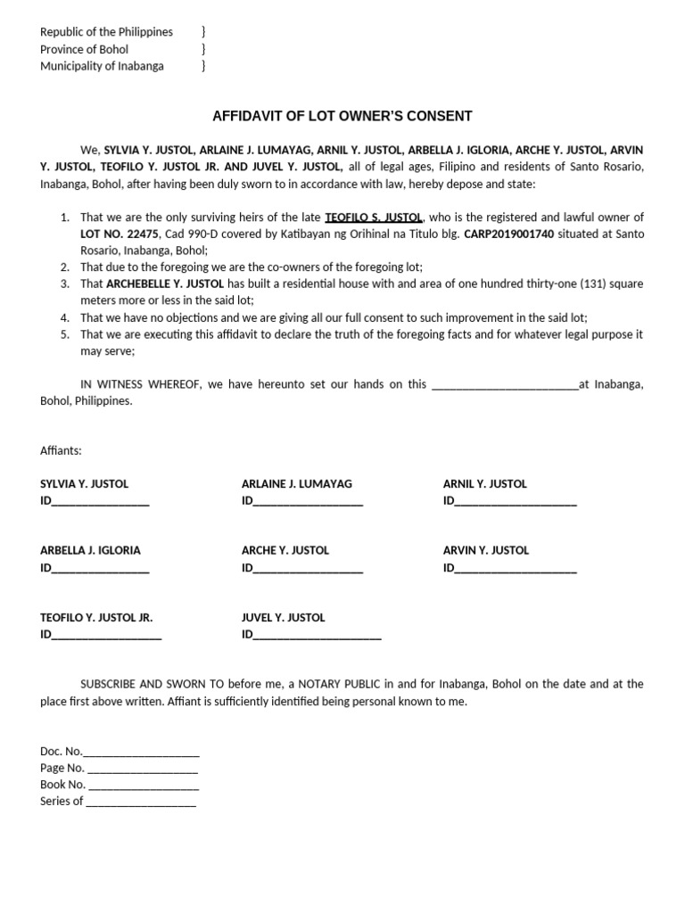 Affidavit of Lot Owner's Consent Bohol | PDF