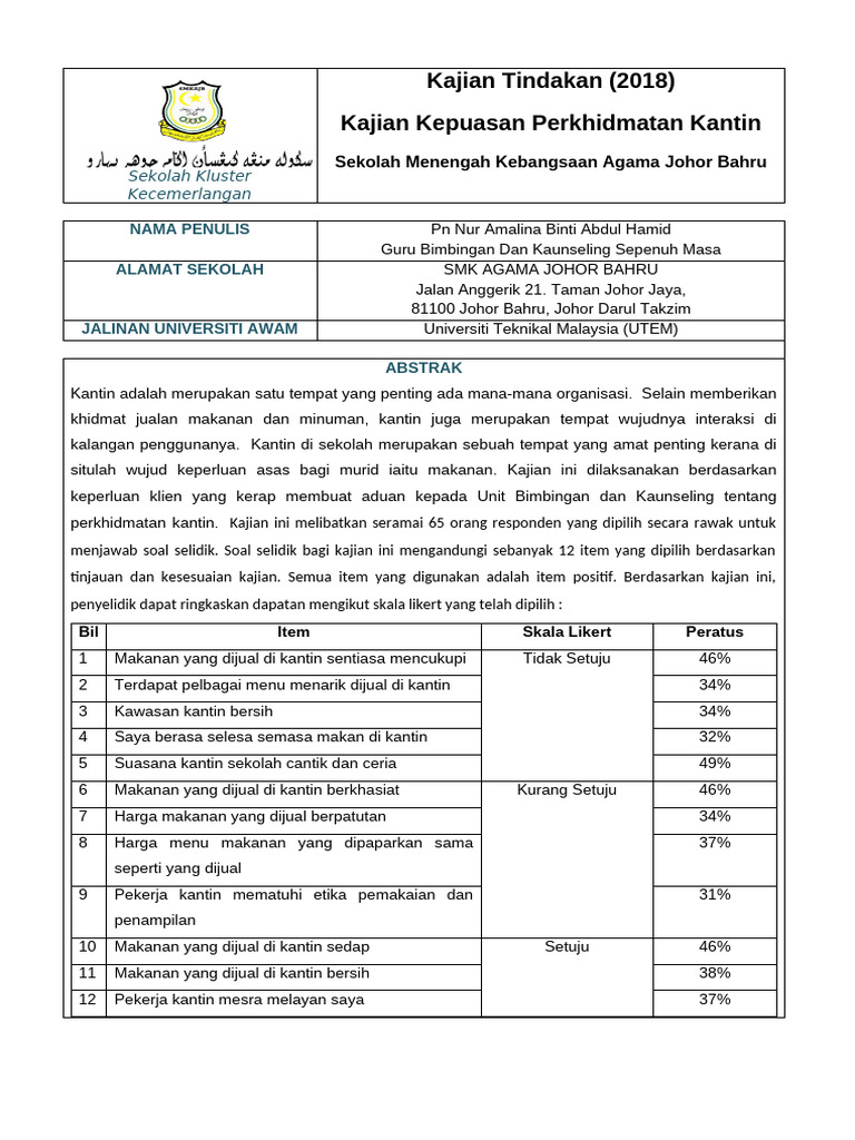 Kajian Tindakan Kepuasan Perkhidmatan Kantin Smkajb 2018 | PDF