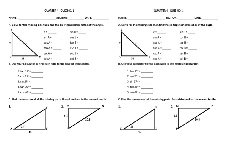 Trigonometric Ratios Quiz for Grade 4 | PDF | Combinatorics ...