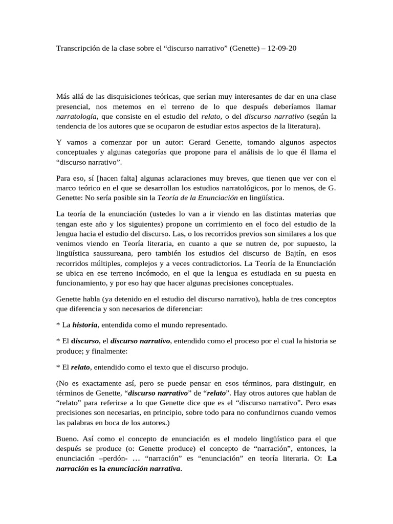 Transcripcion El Discurso Narrativo - Genette | PDF | Narración