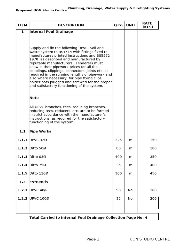 UON Studio Centre - WaterSupply - DrainagePricedBQ | PDF | Pipe (Fluid Conveyance) | Hydraulic ...