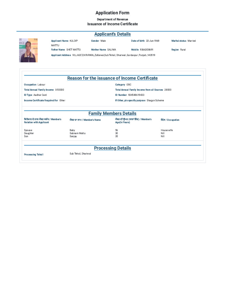 Income Certificate Application Form | PDF