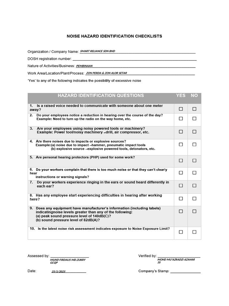 Noise Hazard Identification Checklist | PDF