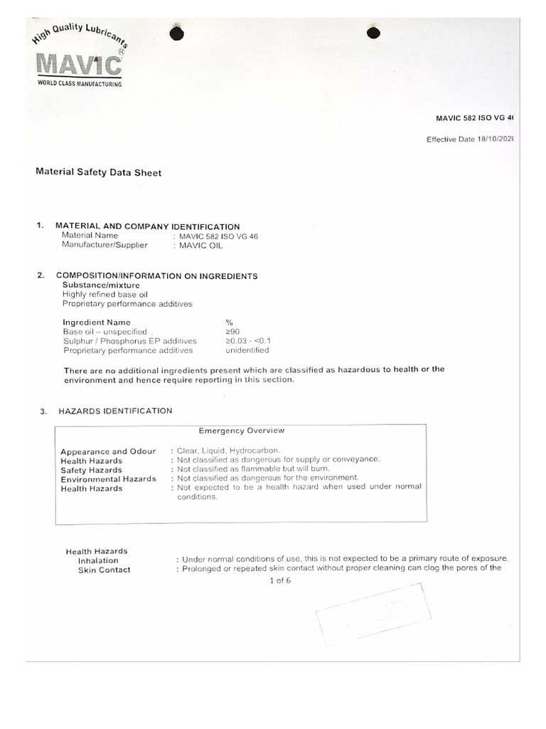 Mavic 582 Iso Vg46 Msds | PDF