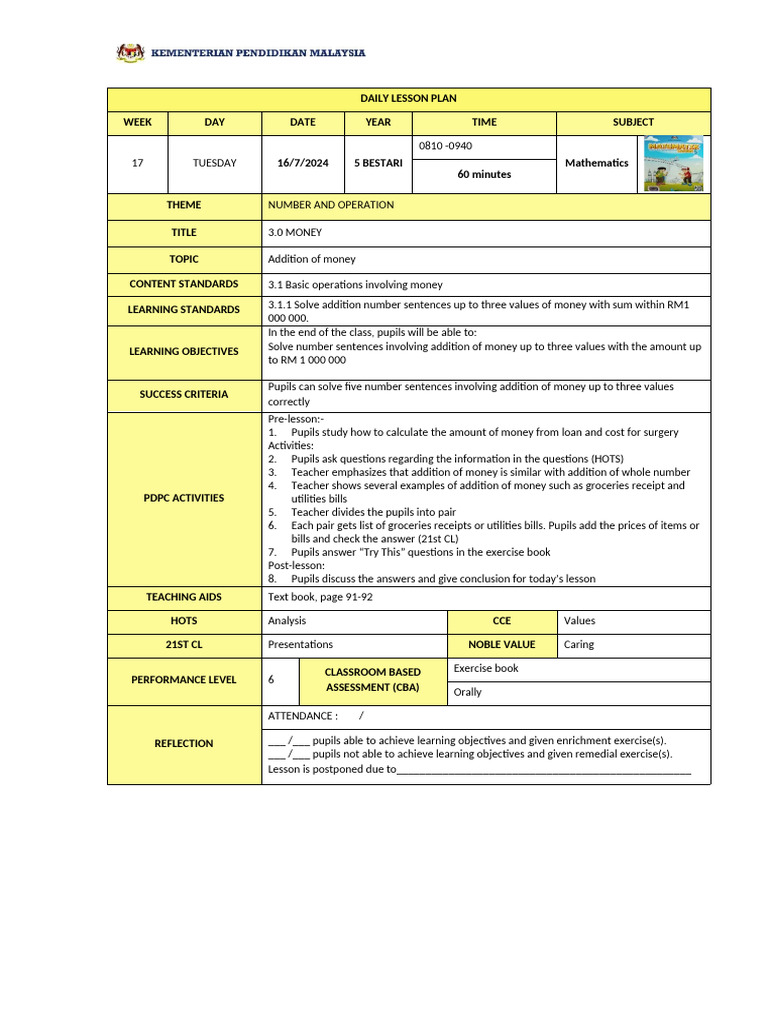 RPH MATE DLP Y5 V2 Topic 3B | PDF | Lesson Plan | Teachers