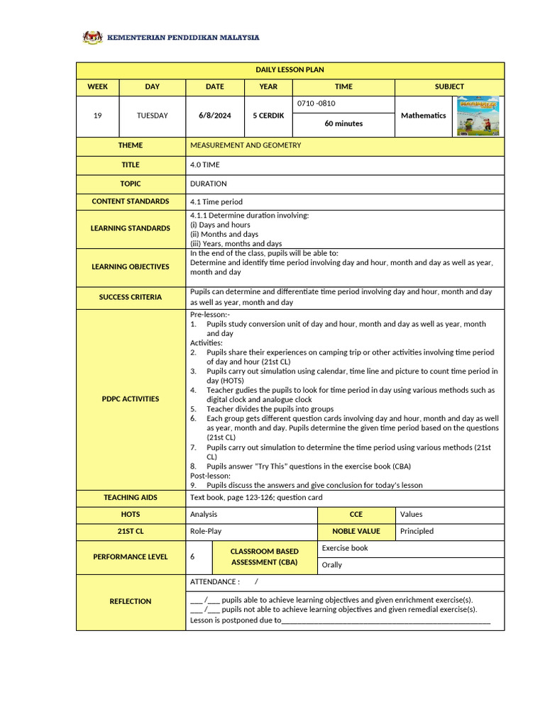 RPH MATE DLP Y5 V2 Topic 4C | PDF | Lesson Plan | Teachers