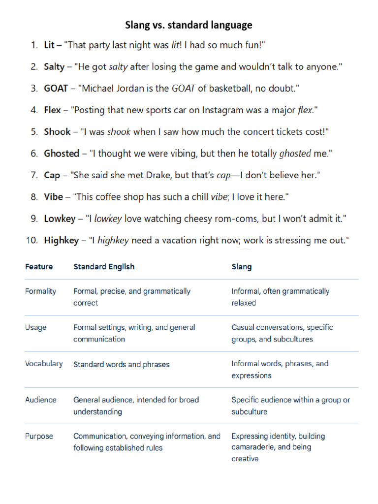 Slang vs. Standard Language | PDF | Jargon | Vocabulary
