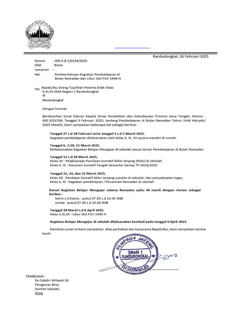 Surat Pemberitahuan Kegiatan Pembelajaran Ramadhan 1446 H_smanra | PDF
