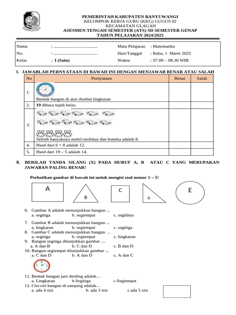 Soal Ats Matematika KLS 1 Genap 2023-2024 | PDF