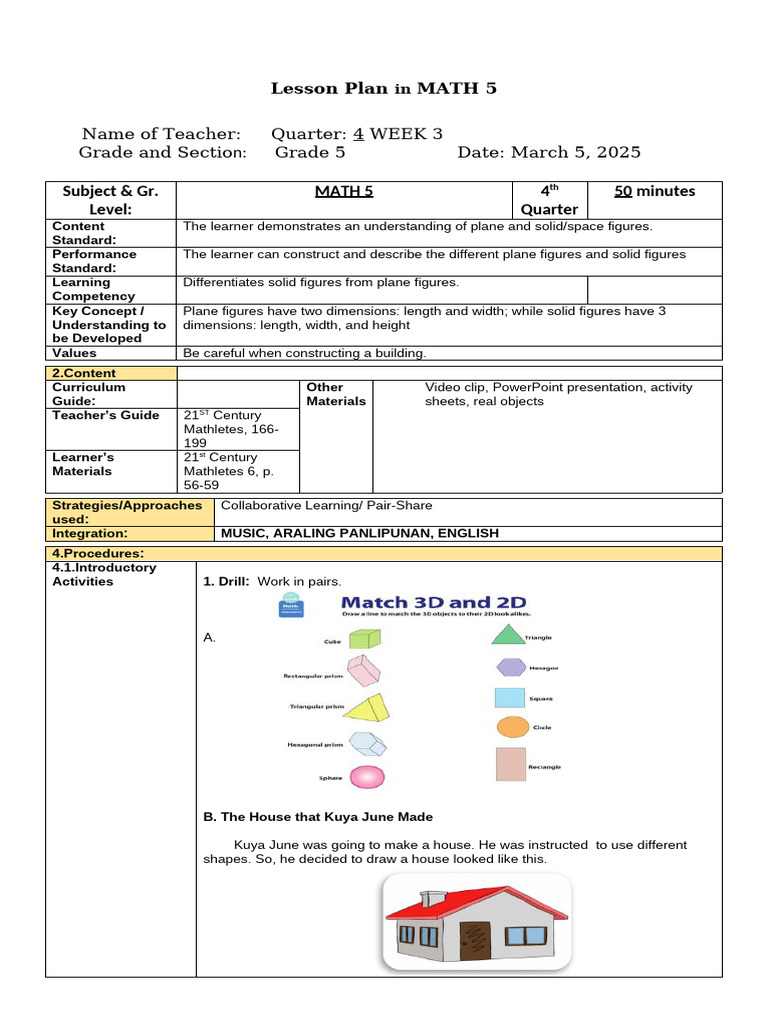 COT Q3 MATH Solid and Plane Figures 1 | PDF | Shape | Area