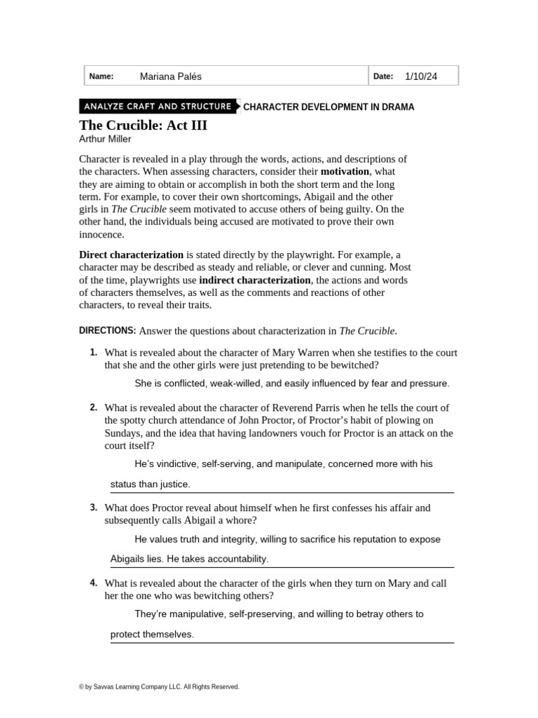 Character Insights in The Crucible Act III | PDF