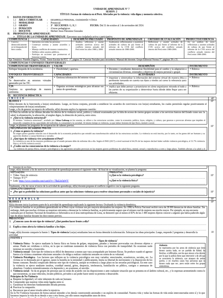 Sesion de Aprendizaje 2 UDA 7 DPCC 3° Formas de violencia en el Perú | PDF | Violencia ...
