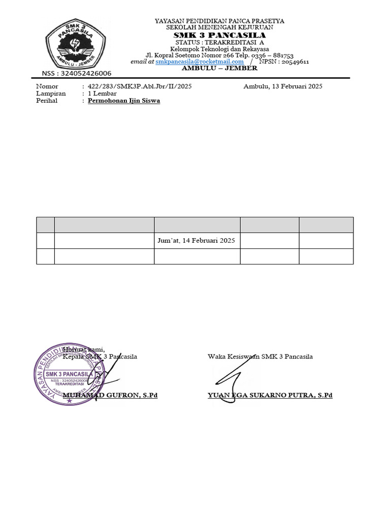 Surat Ijin Siswa Ikut JMF 8 | PDF
