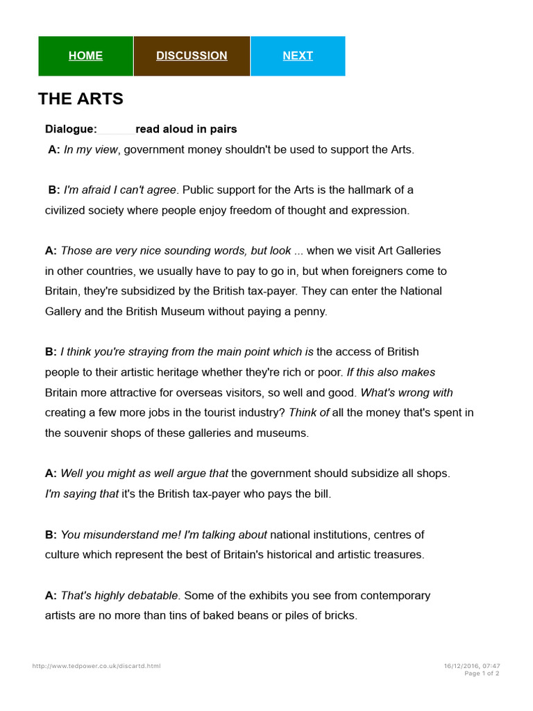 Dialogues Suitable For Pairwork and Role Play - The Arts | PDF | The Arts