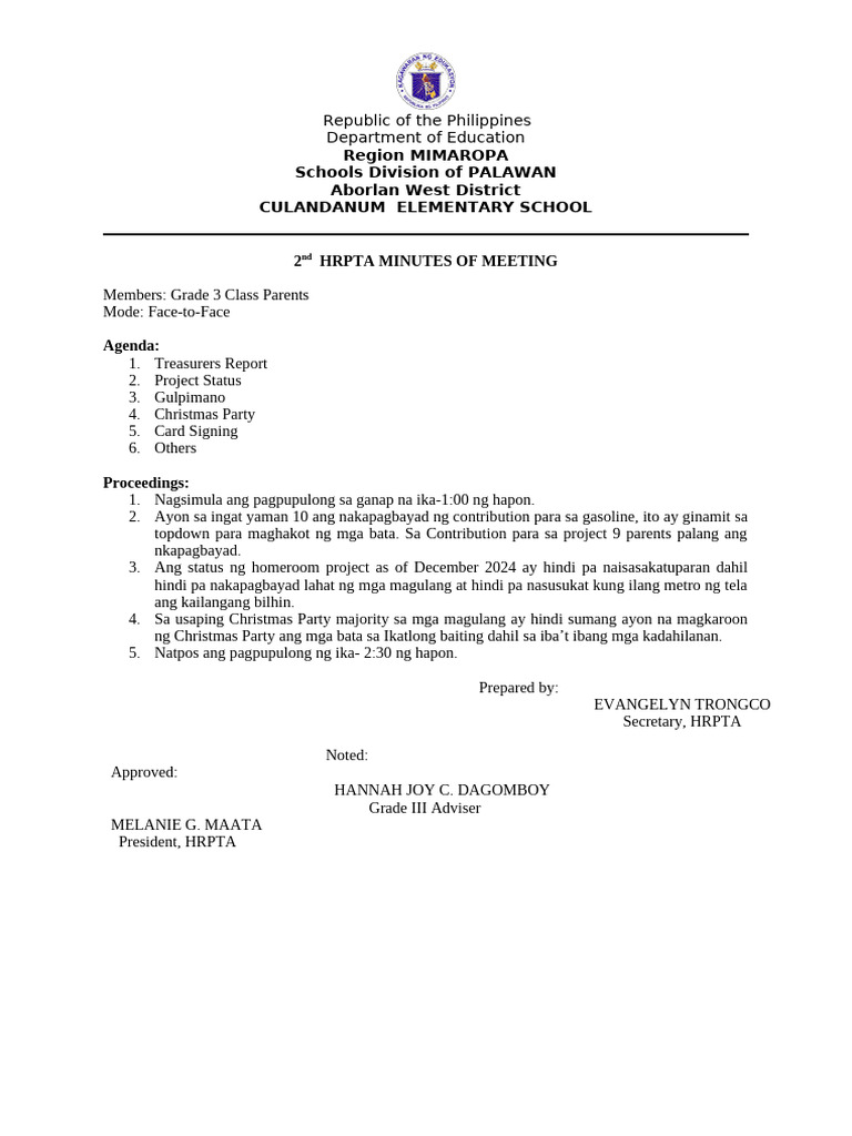 2nd HRPTA MINUTES OF MEETING | PDF