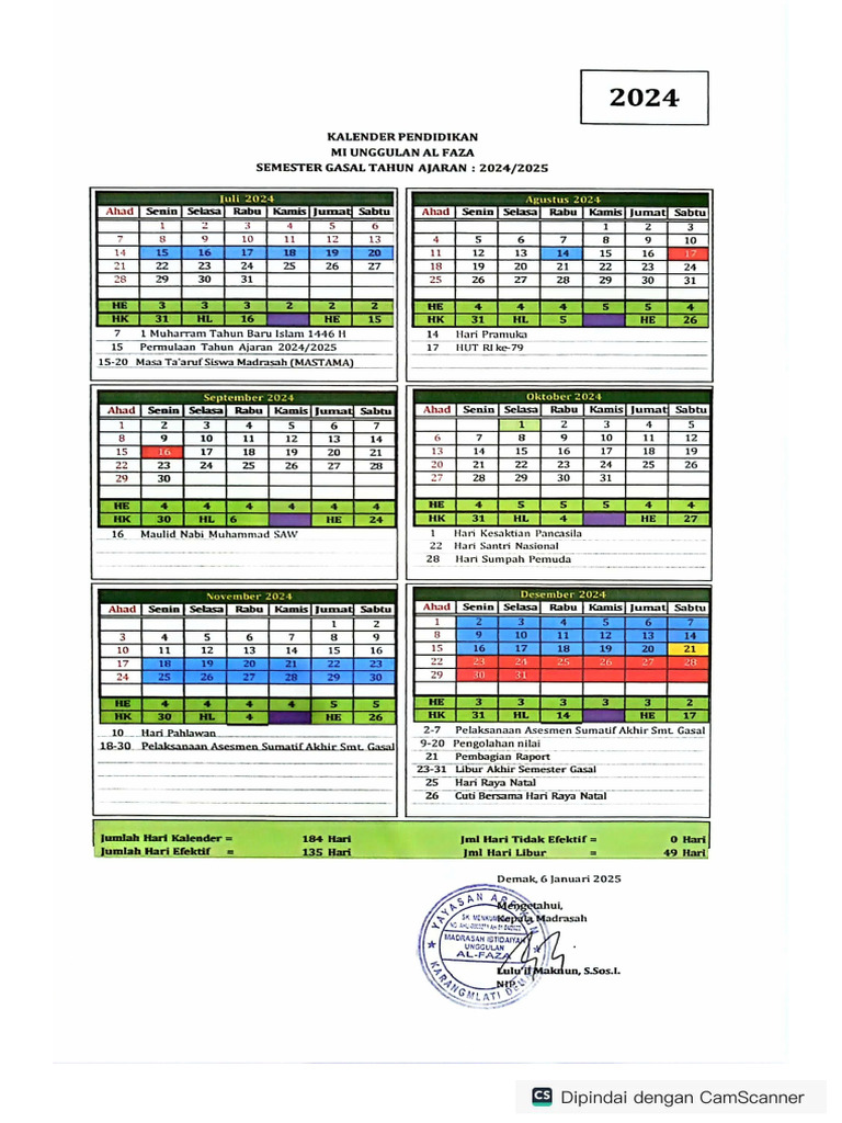 Kalender Pendidikan MI Semester Gasal 20242025 | PDF