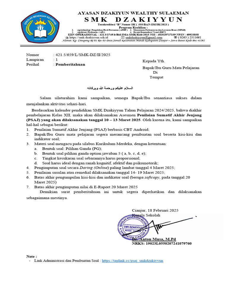 SURAT PEMBERITAHUAN - Pembuatan Soal PSAJ | PDF