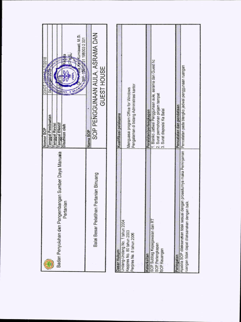 SOP Penggunaan Aula, Asrama Dan Guest House | PDF