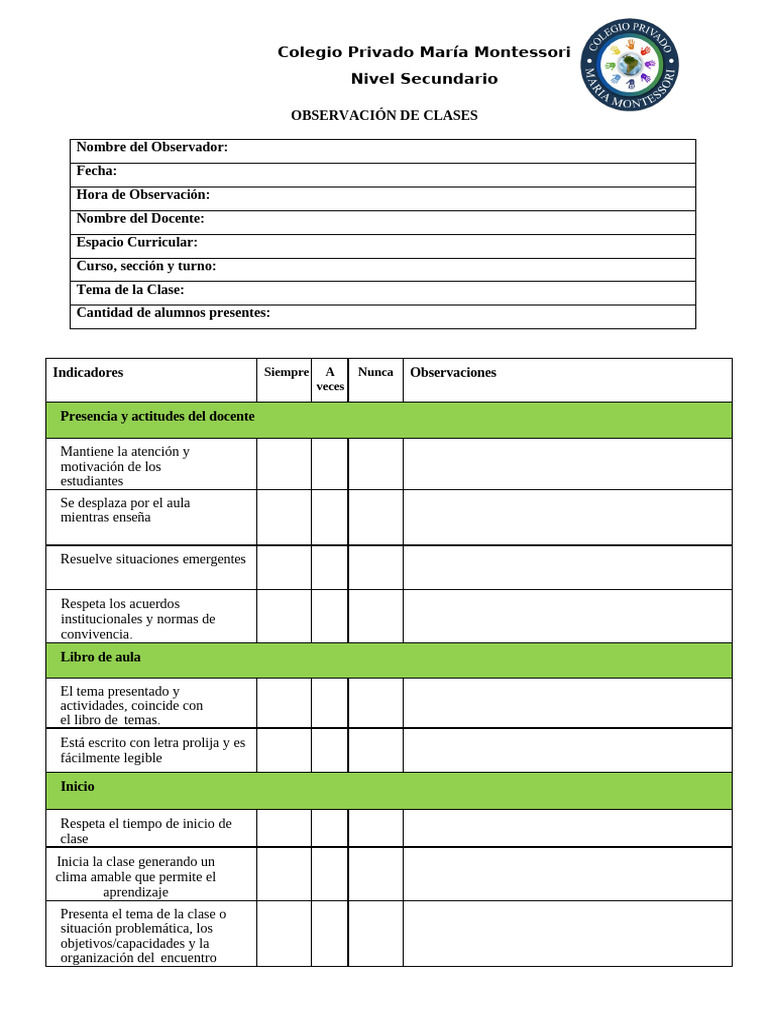 PLANTILLA--OBSERVACIÓN DE CLASES | PDF | Enseñando | Salón de clases